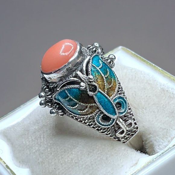Vintage | Jewelry | Vintage Sterling Coral Guilloche Enamel Ring | Poshmark
